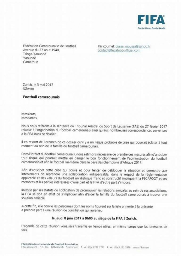 FIFA letter – Cameroon News Agency