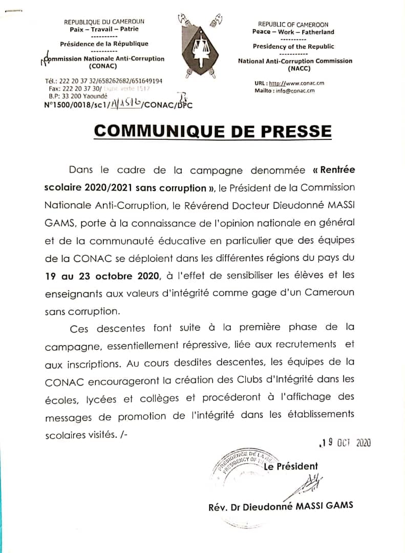 CONAC Advocates For Corruption Free 2020/2021 School Year - Cameroon ...